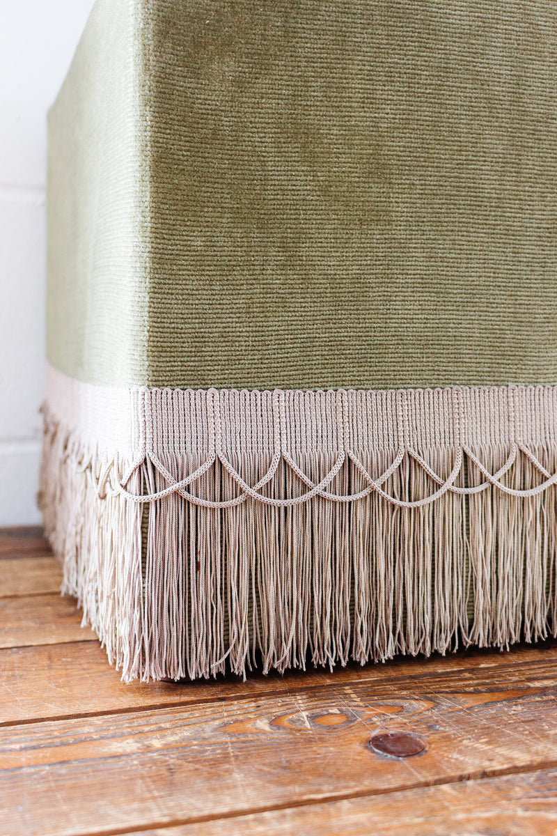 midcentury French green velvet fringe ottoman – Joliette